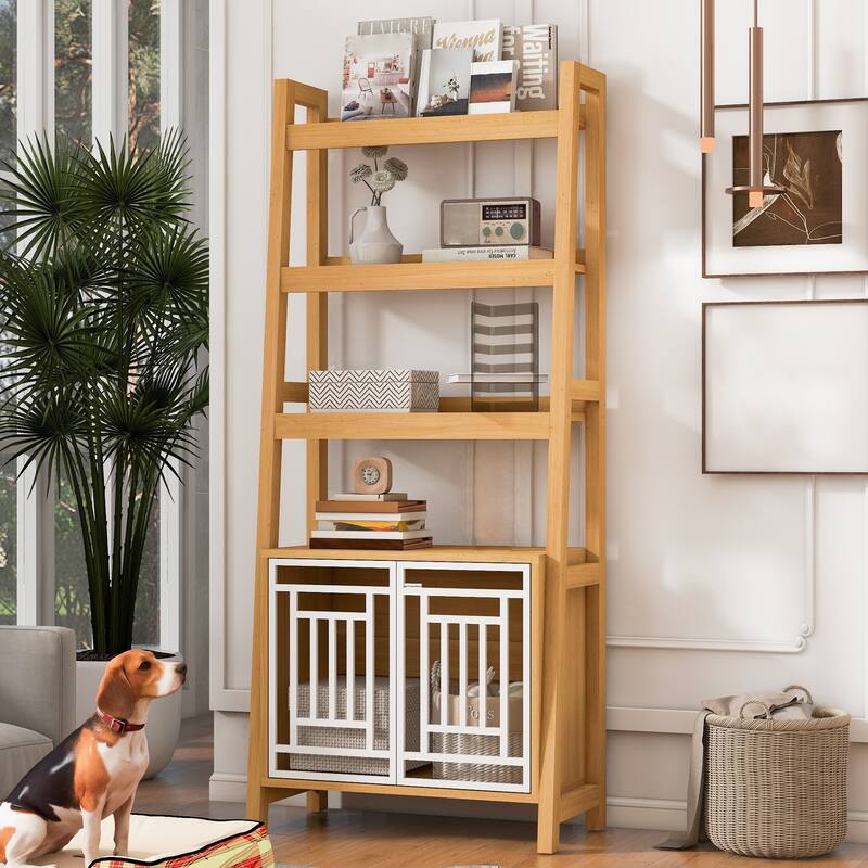 Ladder Bookshelf with Pet Crate, 76" Tall Storage Bookcase with Dog Crate, 4-Tier Display Shelf ...